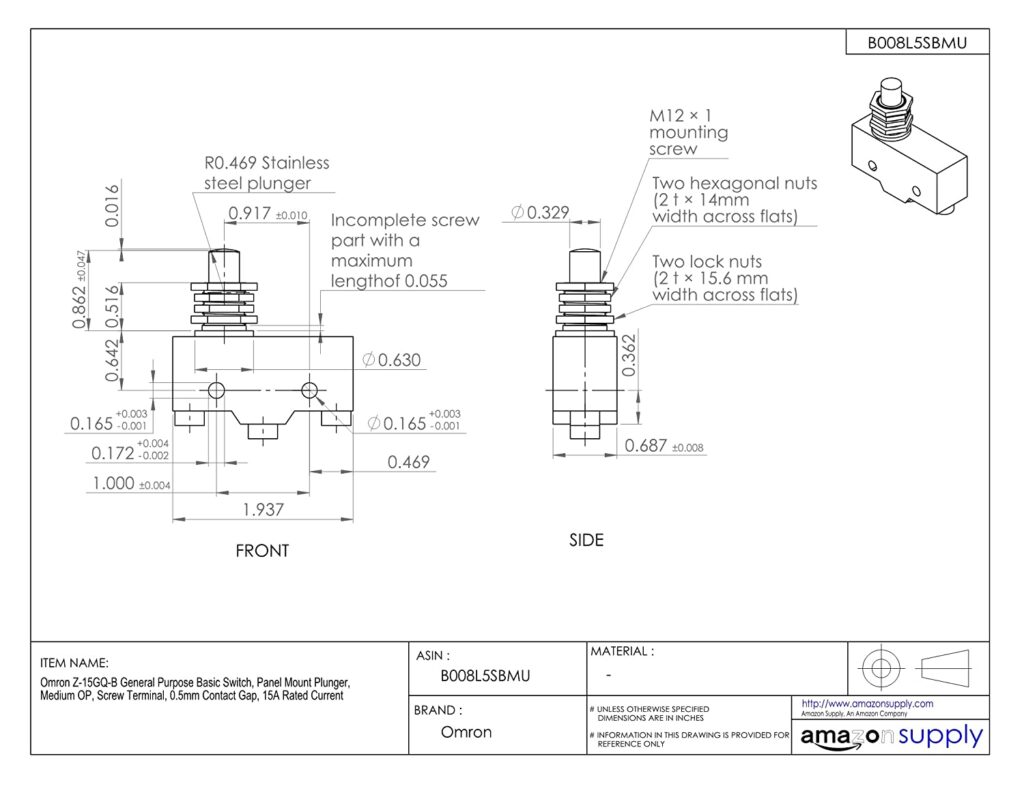 Omron Z-15GQ-B General Purpose Basic Switch, Panel Mount Plunger, Medium OP, Screw Terminal, 0 ...