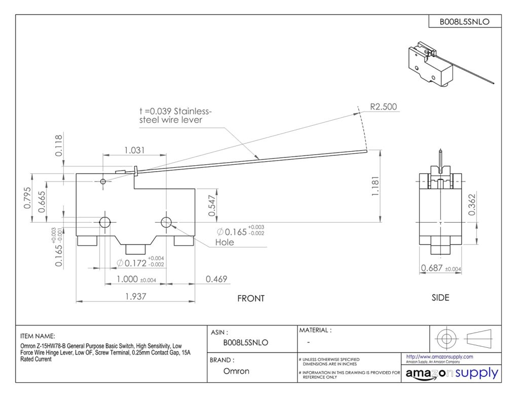 Omron Z-15GQ21-B General Purpose Basic Switch, Panel Mount Cross Roller Plunger, Medium OP ...