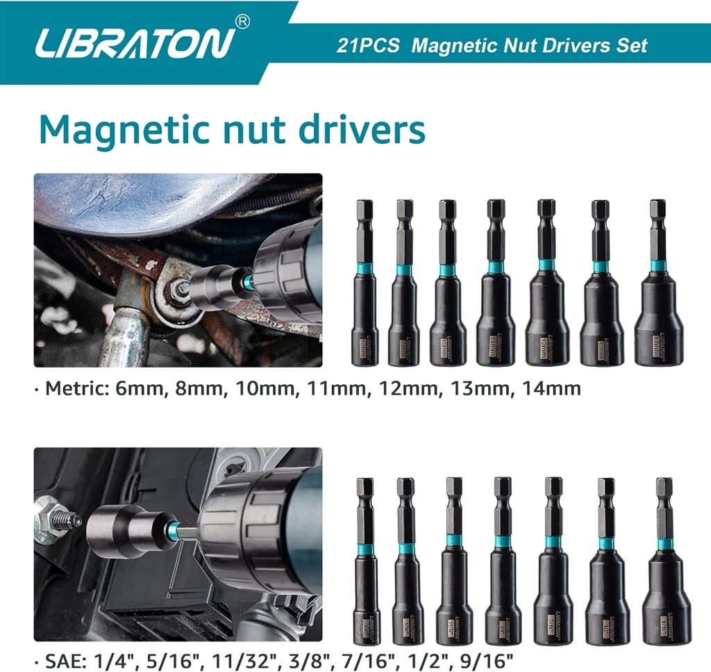 Libraton Magnetic Impact Drill Driver Bit Set 1/4″, Metric and SAE Nut Driver, Impact Socket ...
