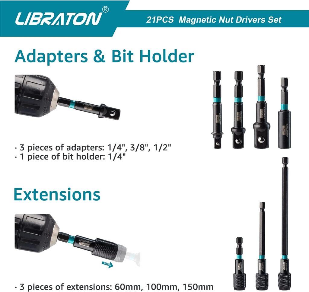 Libraton Magnetic Impact Drill Driver Bit Set 1/4″, Metric and SAE Nut Driver, Impact Socket ...