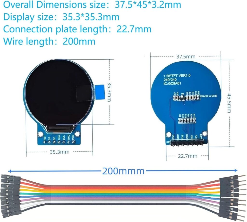 TFT LCD Display Screen Compatible with for Arduino (1.28 Inch 240×240) Round Full Color HD IPS ...